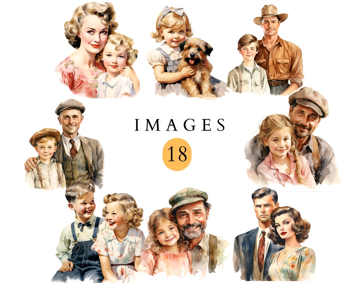 Retro and Vintage Family Watercolor Clipart 1950s Clip Art - Etsy