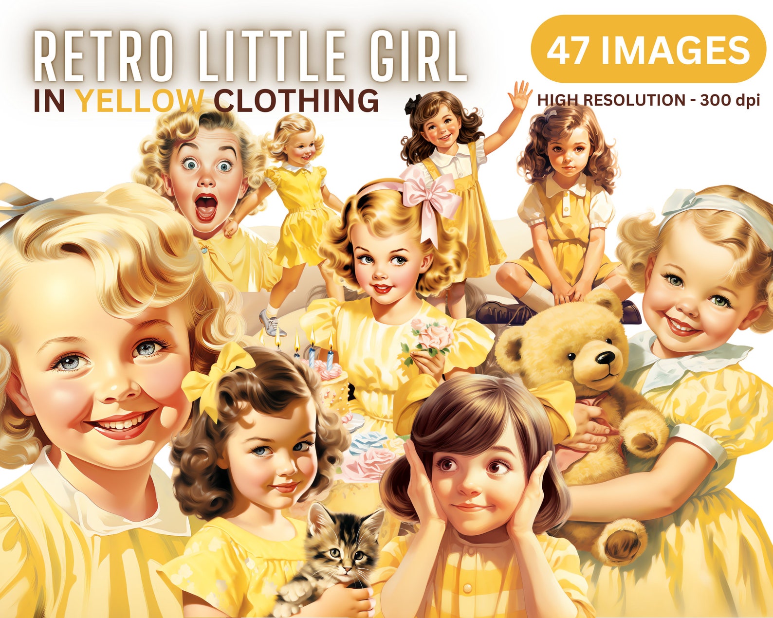 Retro Little Girl Clipart: 1950s Yellow Fashion Illustrations (PNG, 300 ...