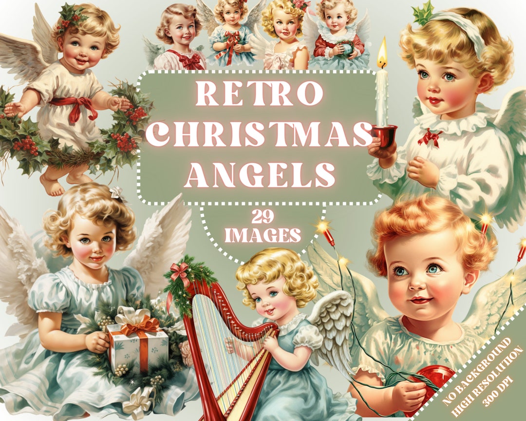 Retro Christmas Angel Clipart: Vintage Holiday Illustrations (PNG ...