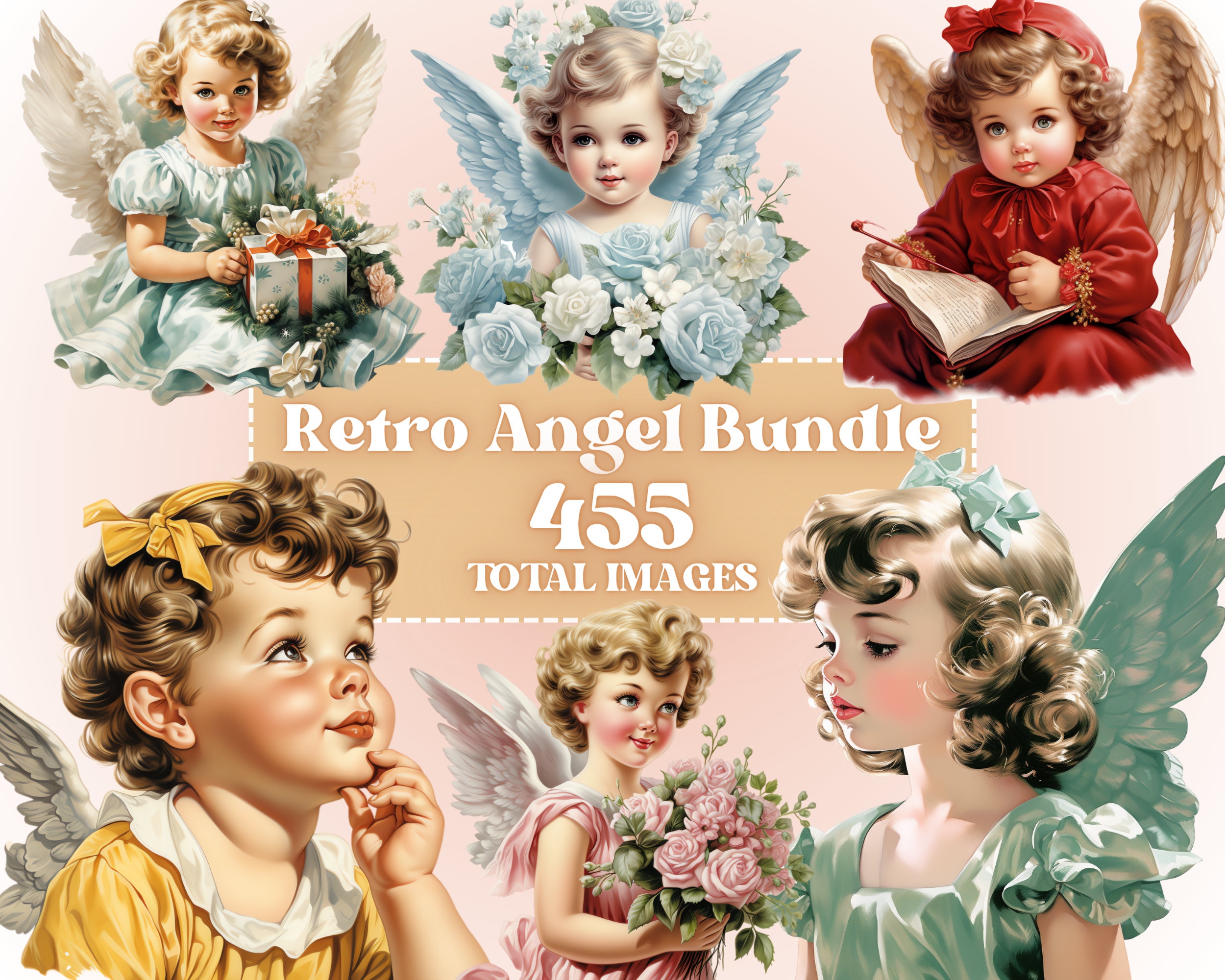 Retro Angel Clipart Bundle Vintage Angels, Old School Illustrations ...