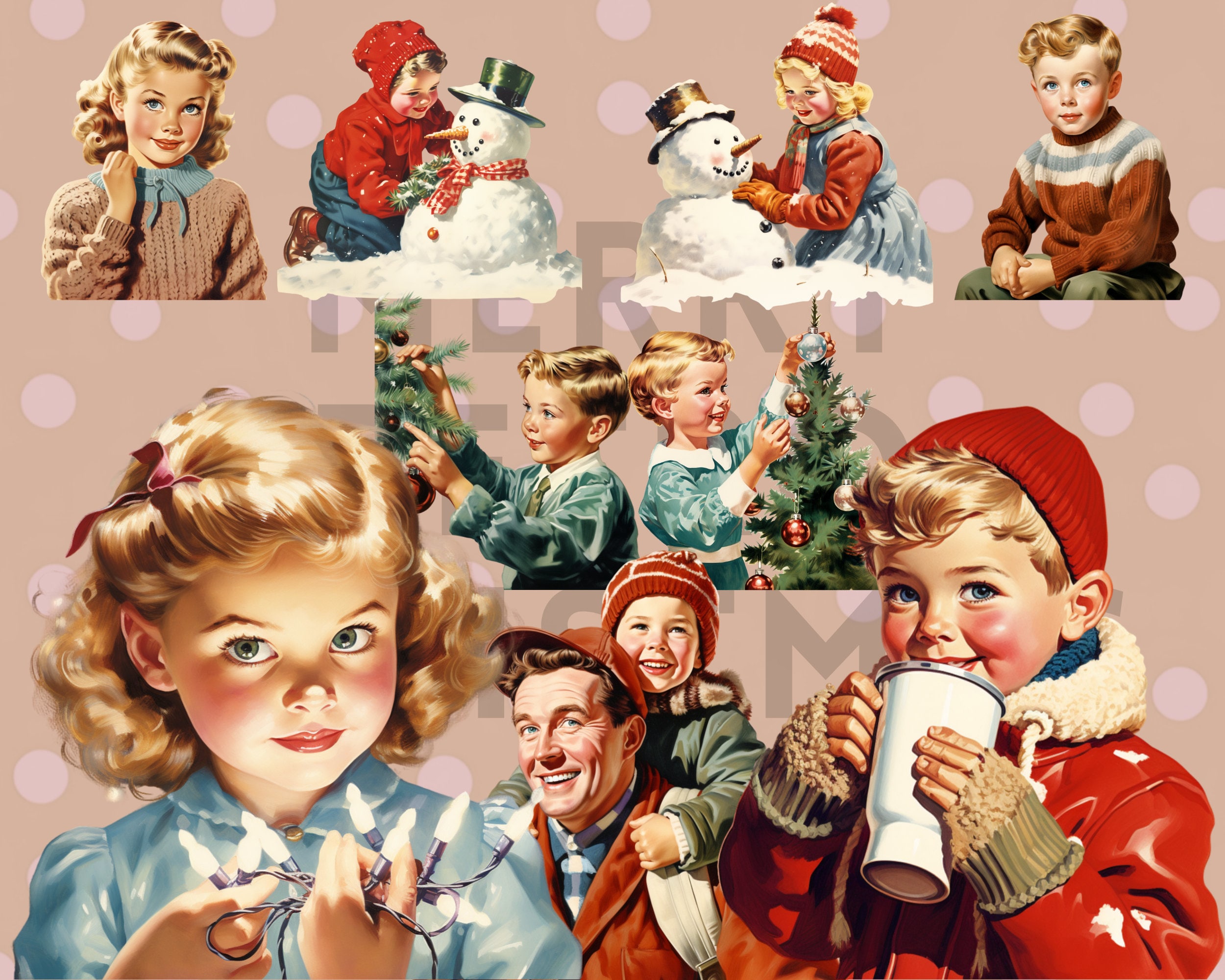 Retro Christmas Clipart Vintage Xmas Clip Art, 1950s Merry Christmas ...