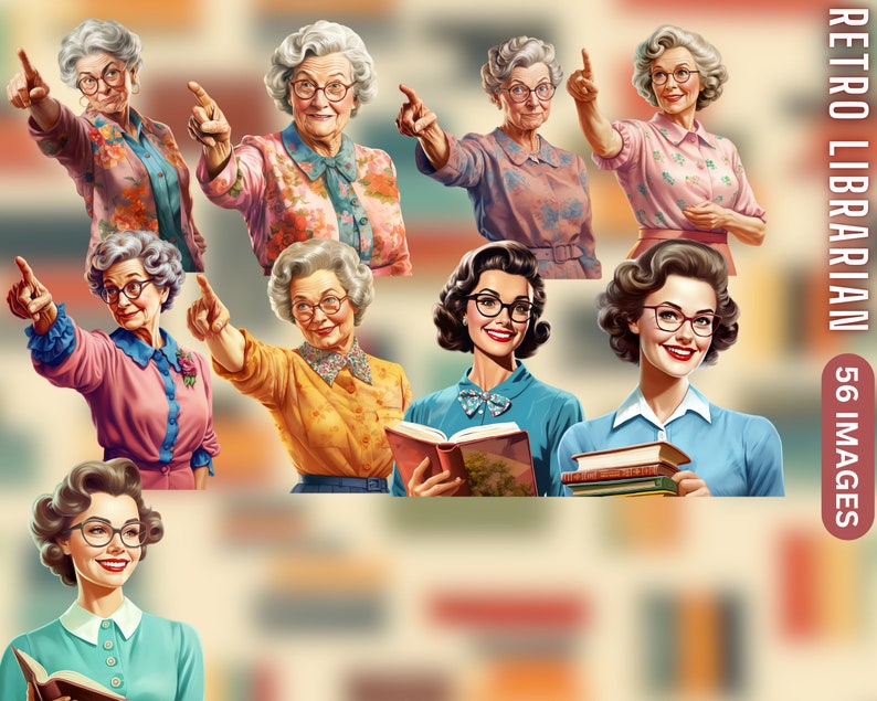 Retro Librarian Clipart: 50s Vintage Workplace PNG (digital Download ...