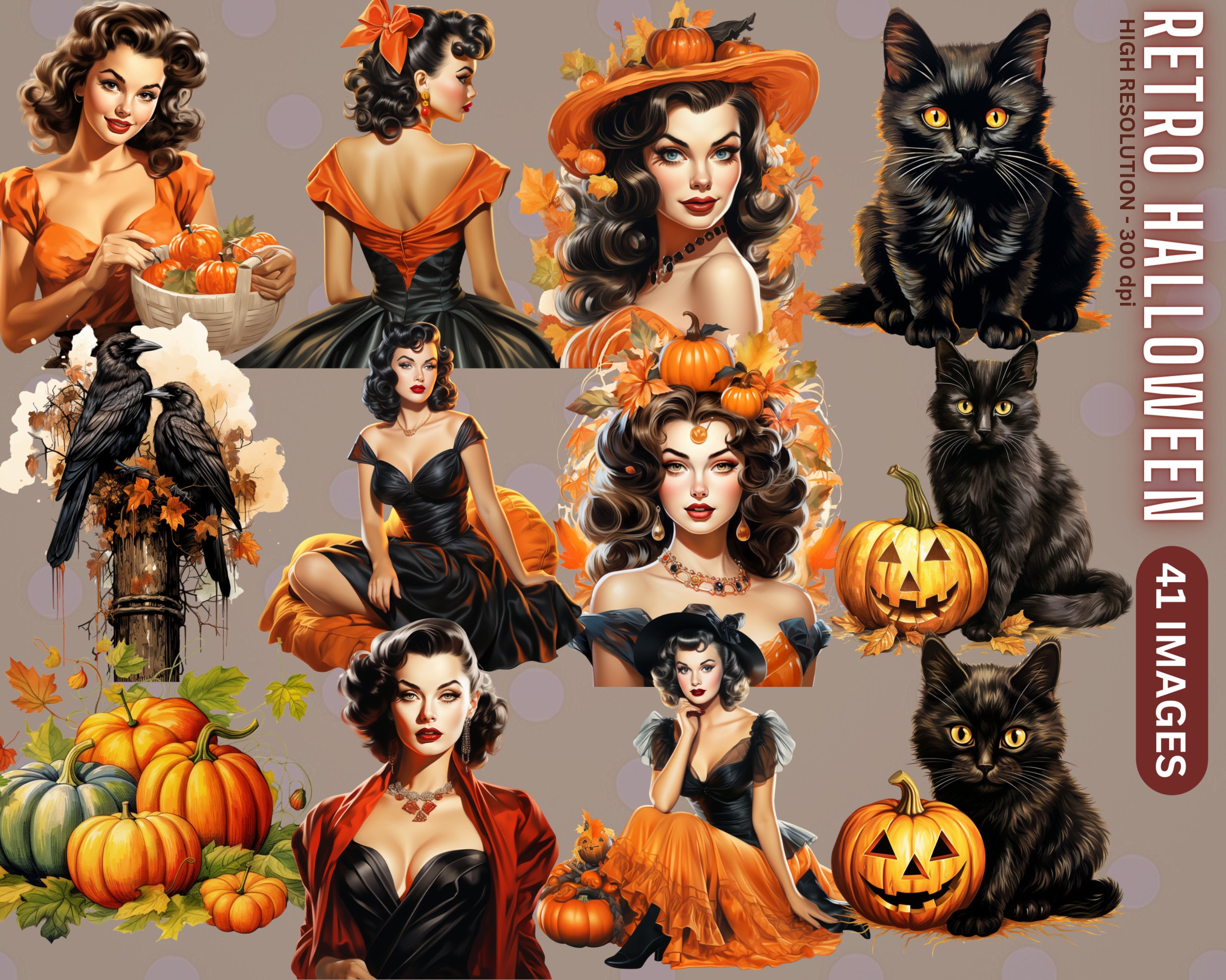Retro Halloween Clipart Vintage Pin Up Retro Images Pinup Etsy