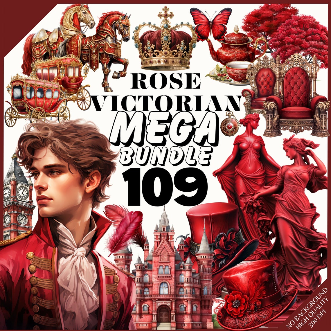 Big Victorian Red Rose Watercolor Clipart Bundle Vintage Prince Clip ...