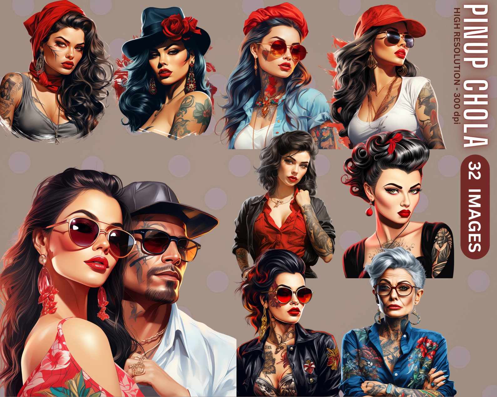 Pinup Chola Clipart Set – 32 Retro Gangster Illustrations (PNG ...