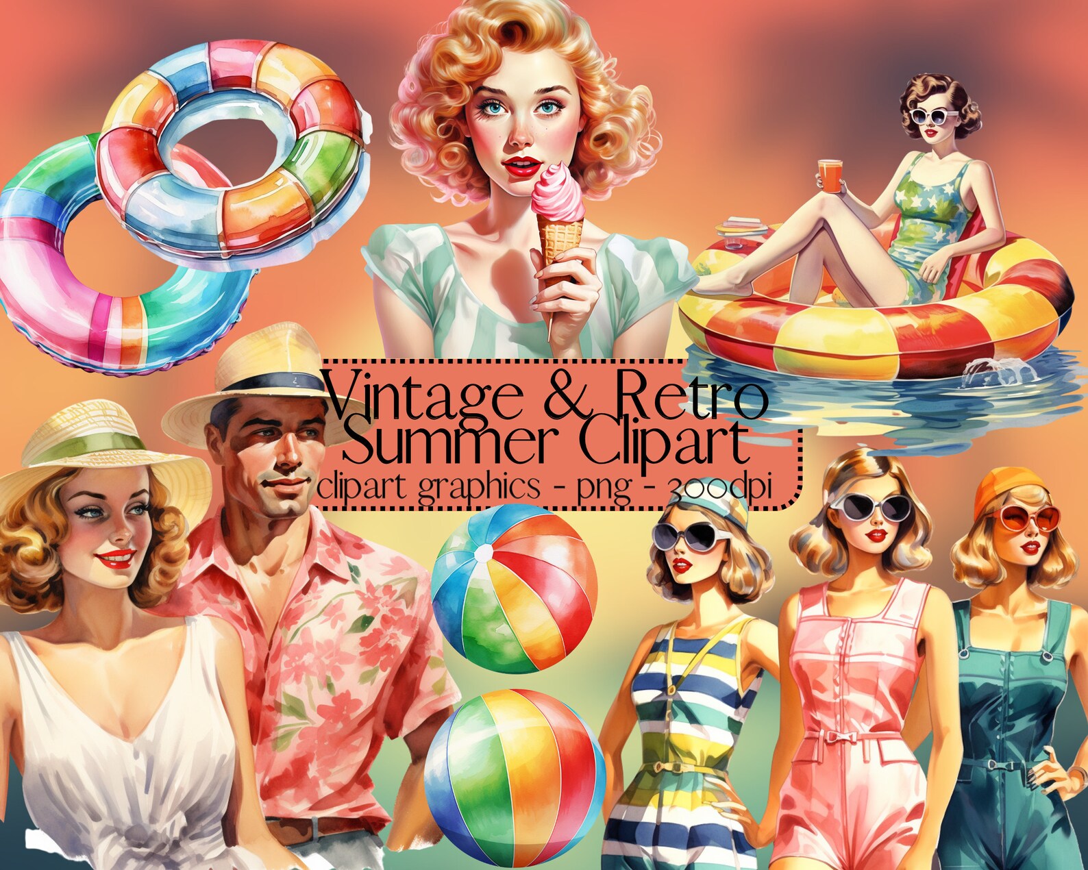 Vintage Retro Summer Clipart, Pool Party Clip Art, Transparent PNG ...