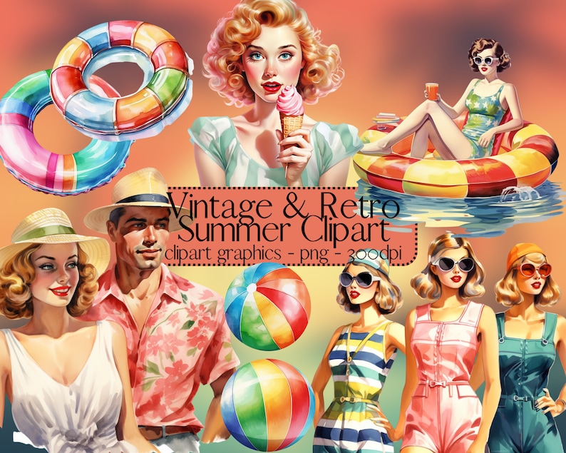 Vintage Retro Summer Clipart, Pool Party Clip Art, Transparent PNG ...
