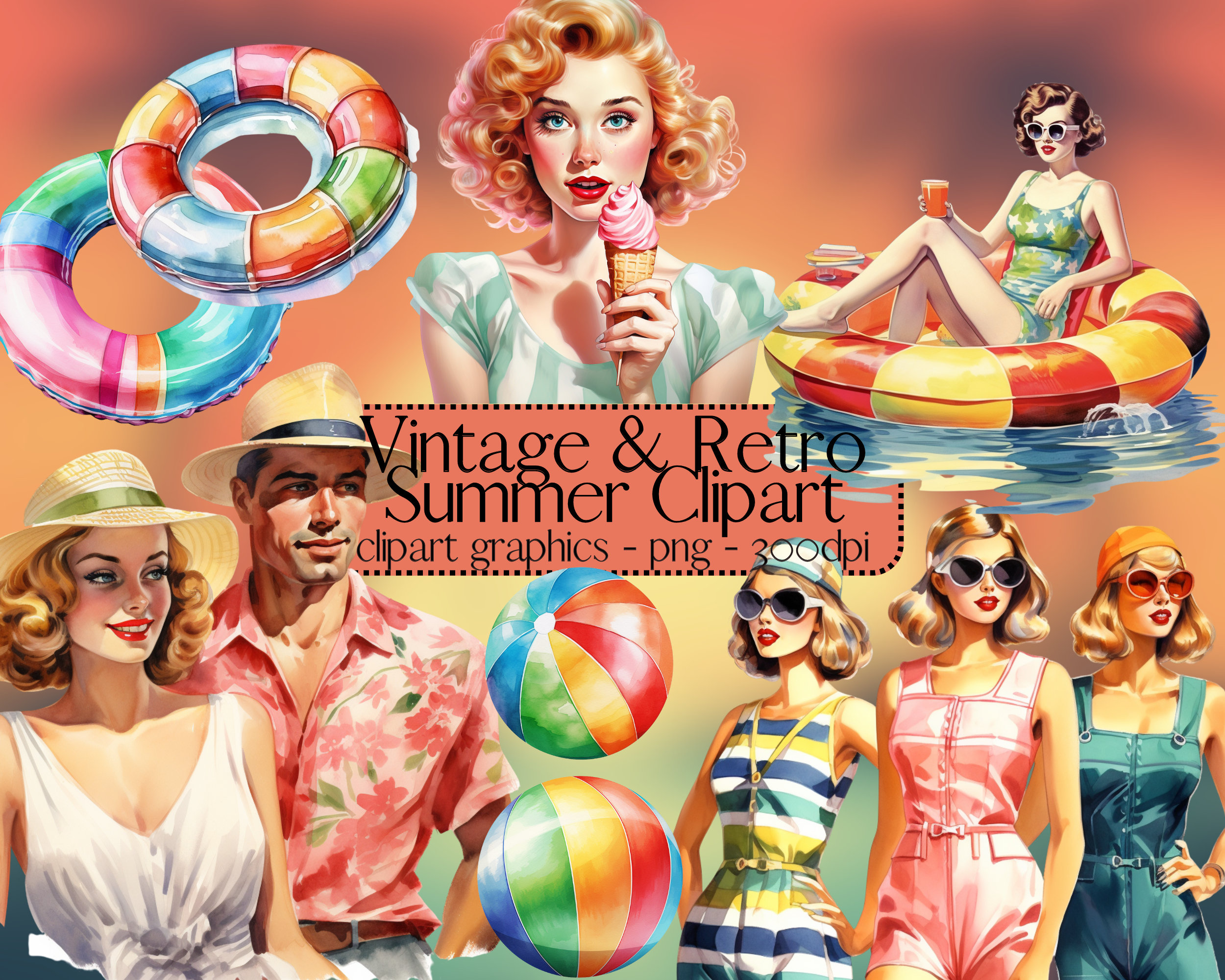 Vintage Retro Summer Clipart, Pool Party Clip Art, Transparent PNG ...