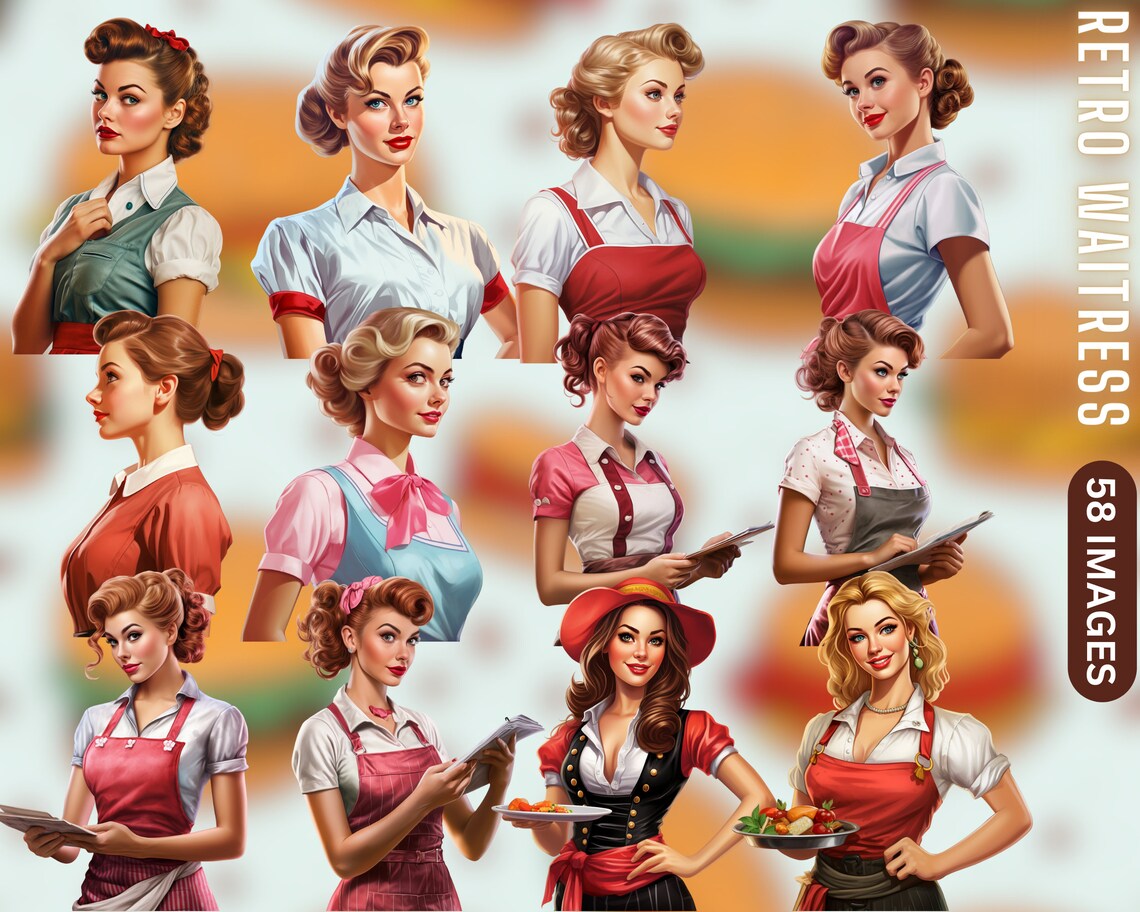 Retro Waitress Clipart: 50s Diner Pngs, Vintage Food Server Art ...