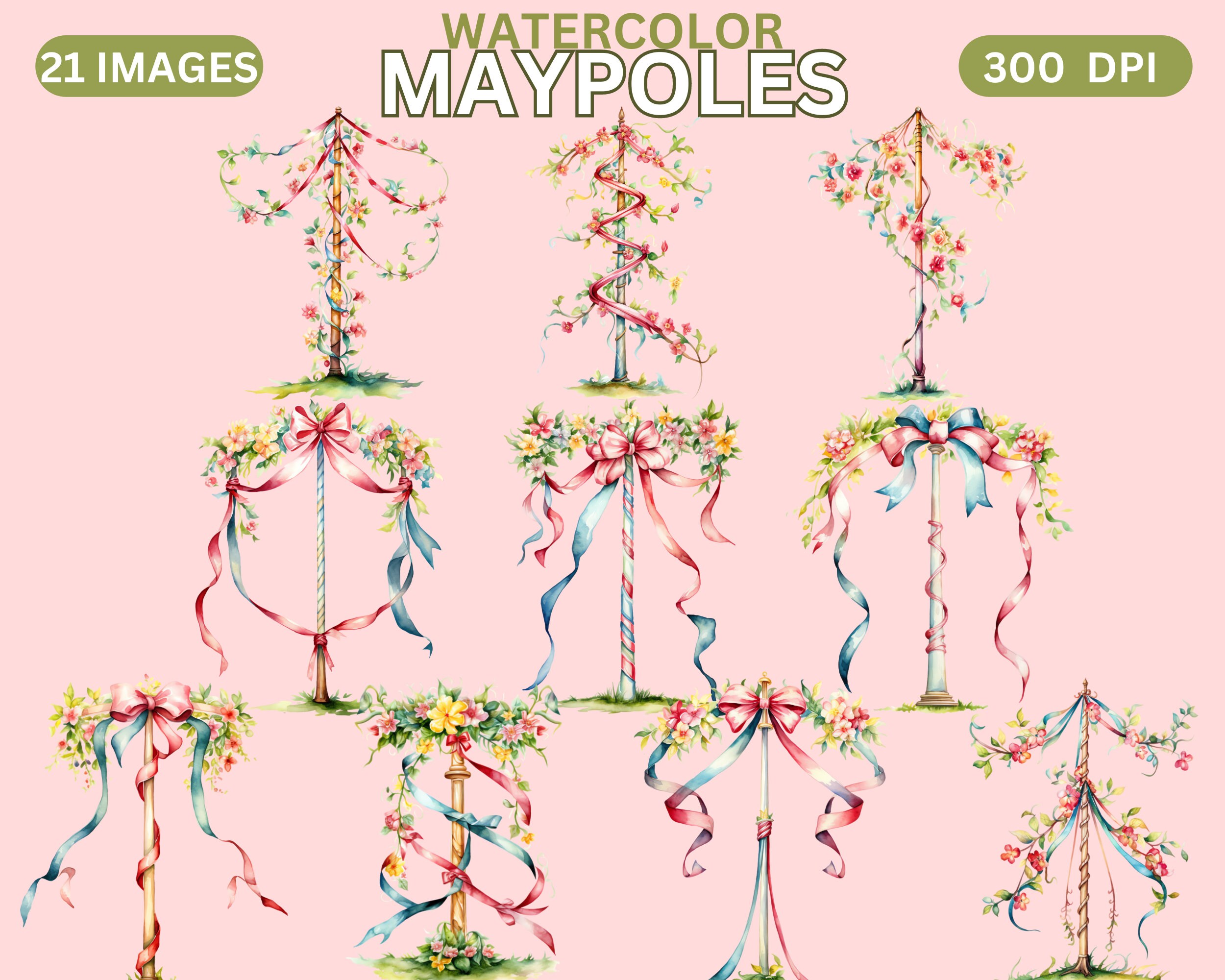 Watercolor Maypole Clipart Floral Midsummer Floral Pagan and Christian ...