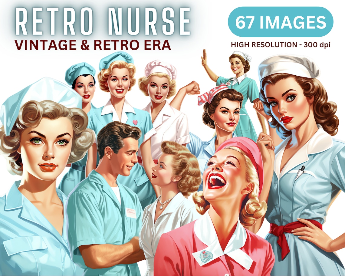 Retro Nurse Clipart Bundle 50s PNG Vintage Nurse Clip Art, Junk Journal ...