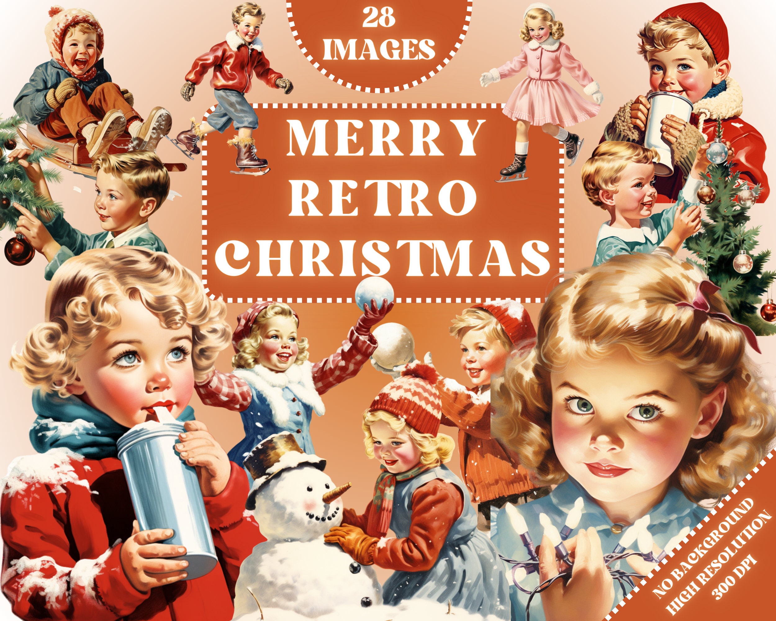 Retro Christmas Clipart Vintage Xmas Clip Art, 1950s Merry Christmas ...
