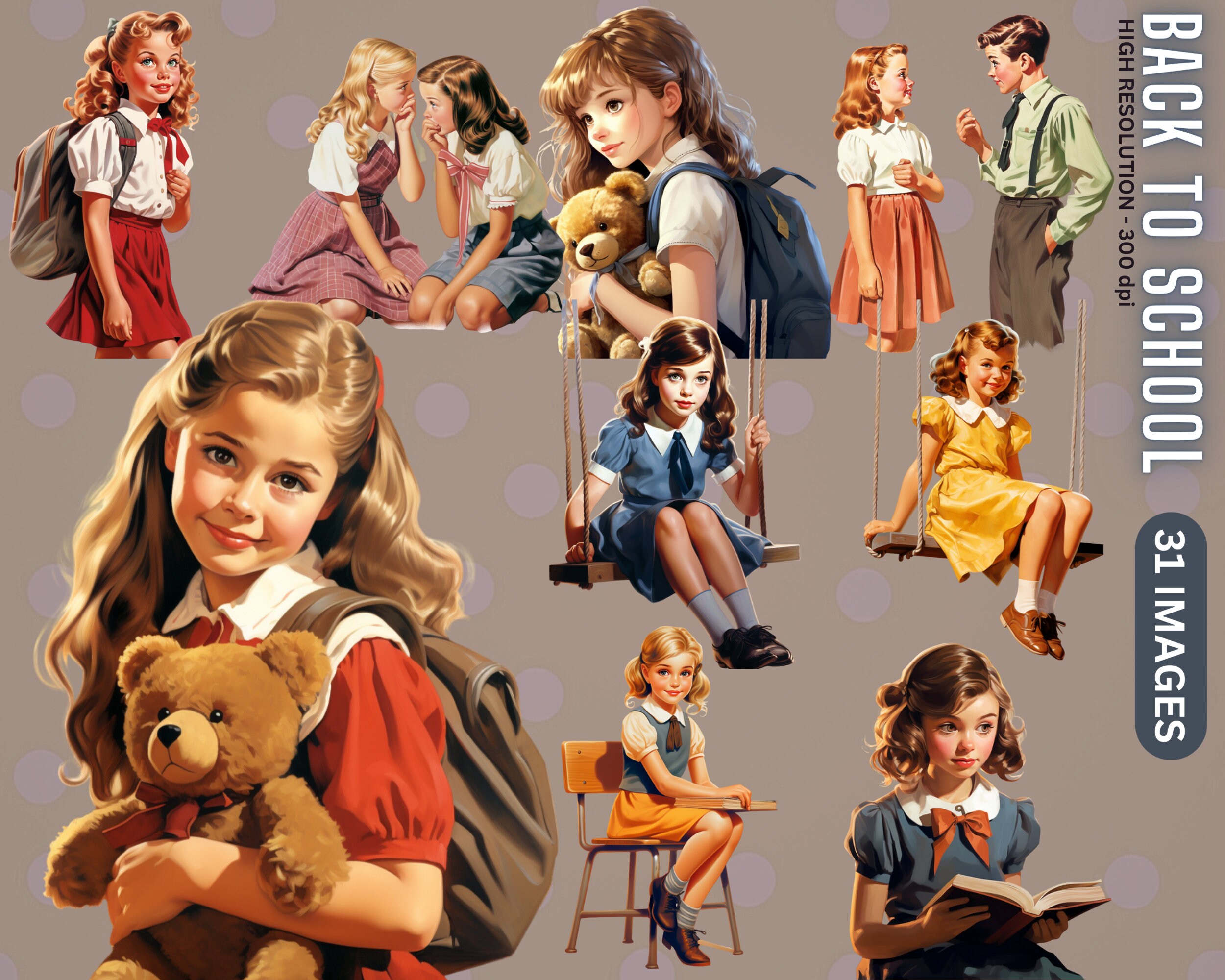 Vintage School Girl Clipart: Retro Back to School Pngs (31 Images) - Etsy