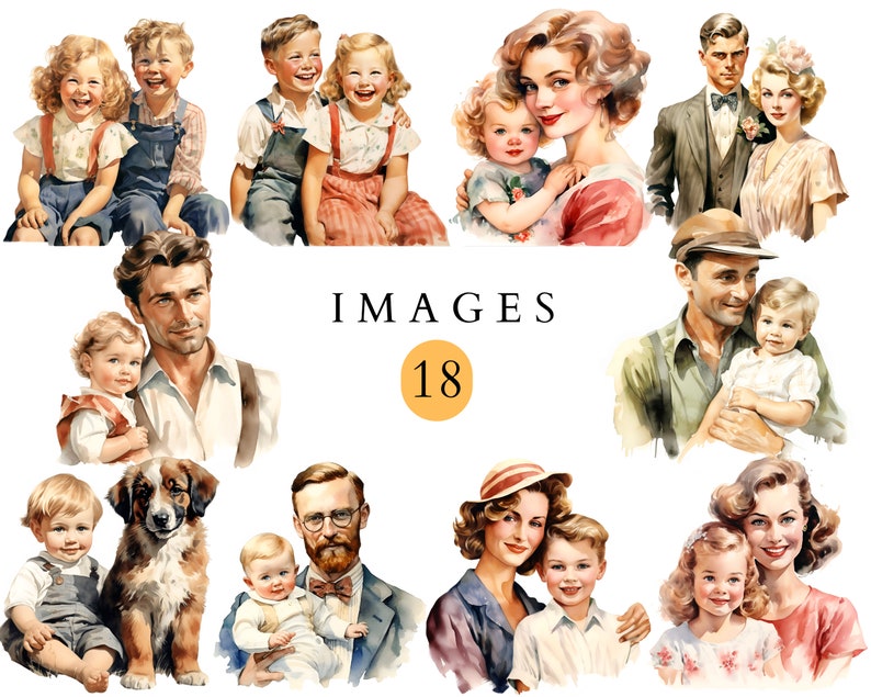 Retro and Vintage Family Watercolor Clipart - 1950s Clip Art, Retro ...