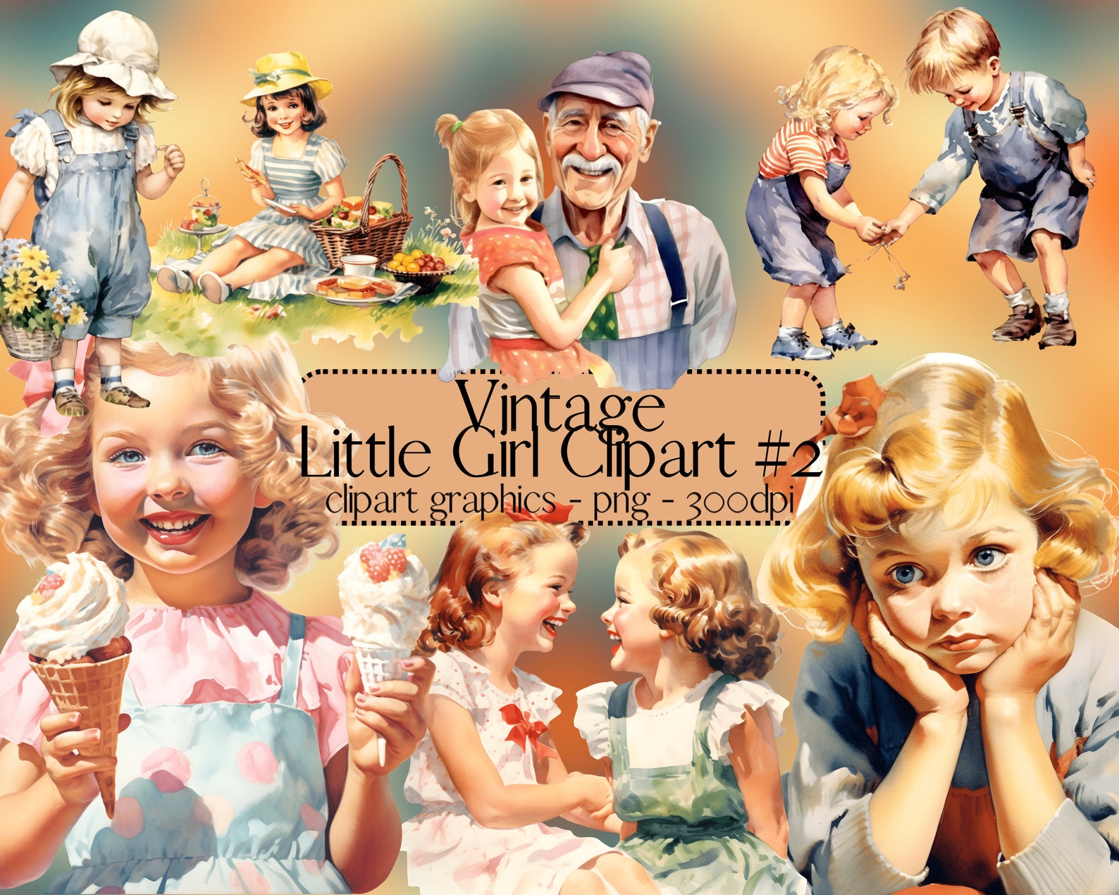 Watercolor Vintage Little Girl Clipart Set 2 Fashion PNG - Etsy