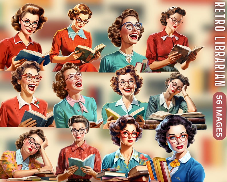 Retro Librarian Clipart: 50s Vintage Workplace PNG (digital Download ...