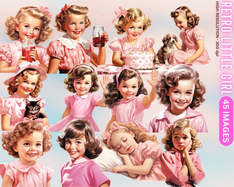 Retro Little Girl Clipart Vintage Little Girl Clip Art - Etsy