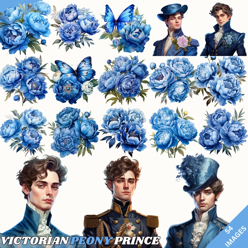 Victorian Prince Clipart: Watercolor Peonies, Scrapbooking Pngs (54 ...