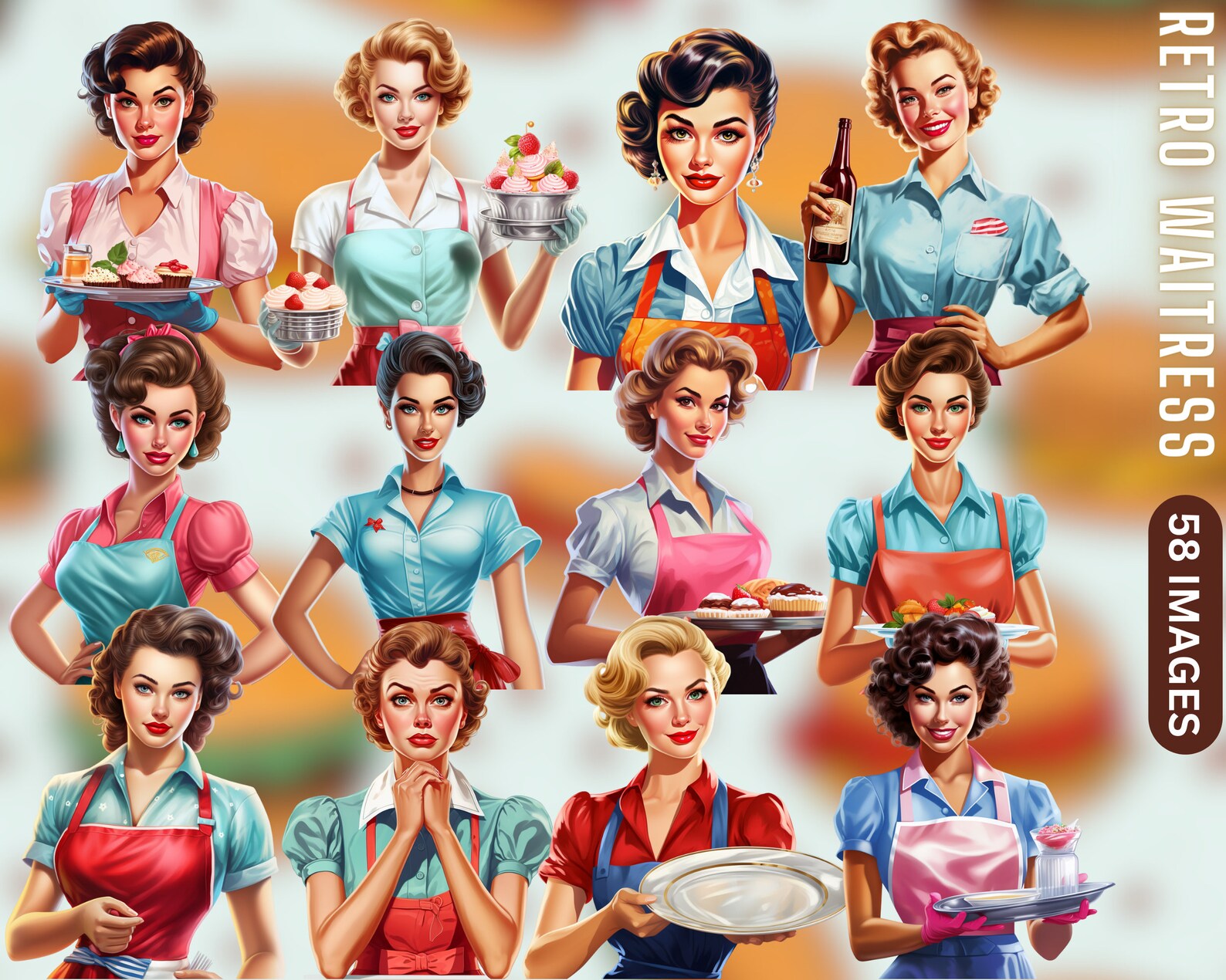 Retro Waitress Clipart: 50s Diner Pngs, Vintage Food Server Art ...