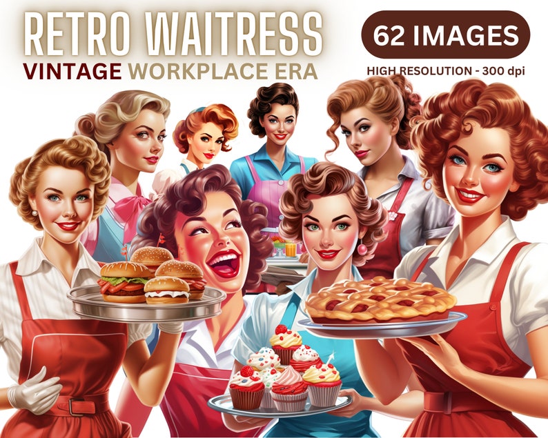 Retro Waitress Clipart Vintage Food Server Clip Art, 50s Pngs, Instant ...