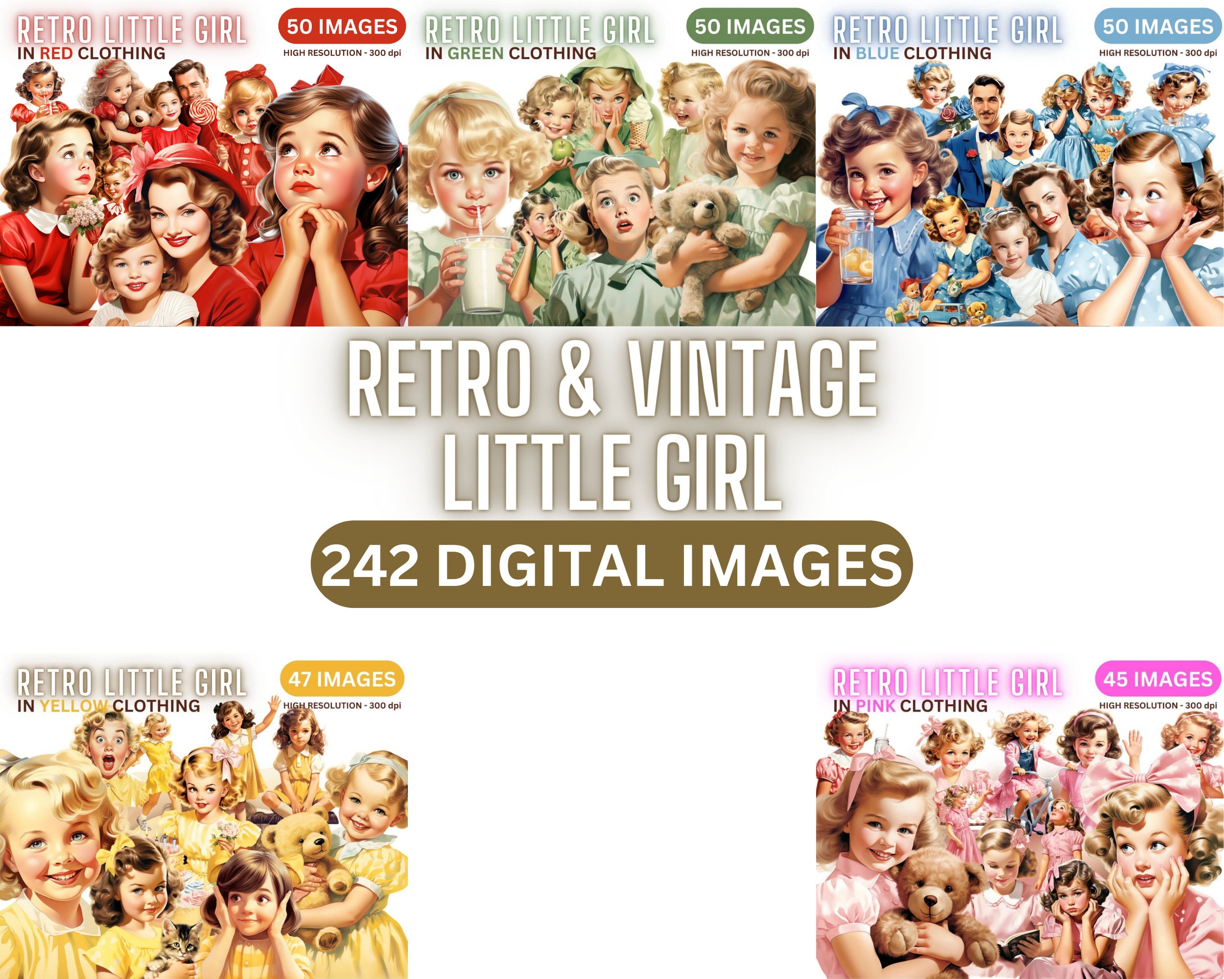 Retro Little Girl Clipart Bundle Vintage 1950s Clip Art, Old School Era ...