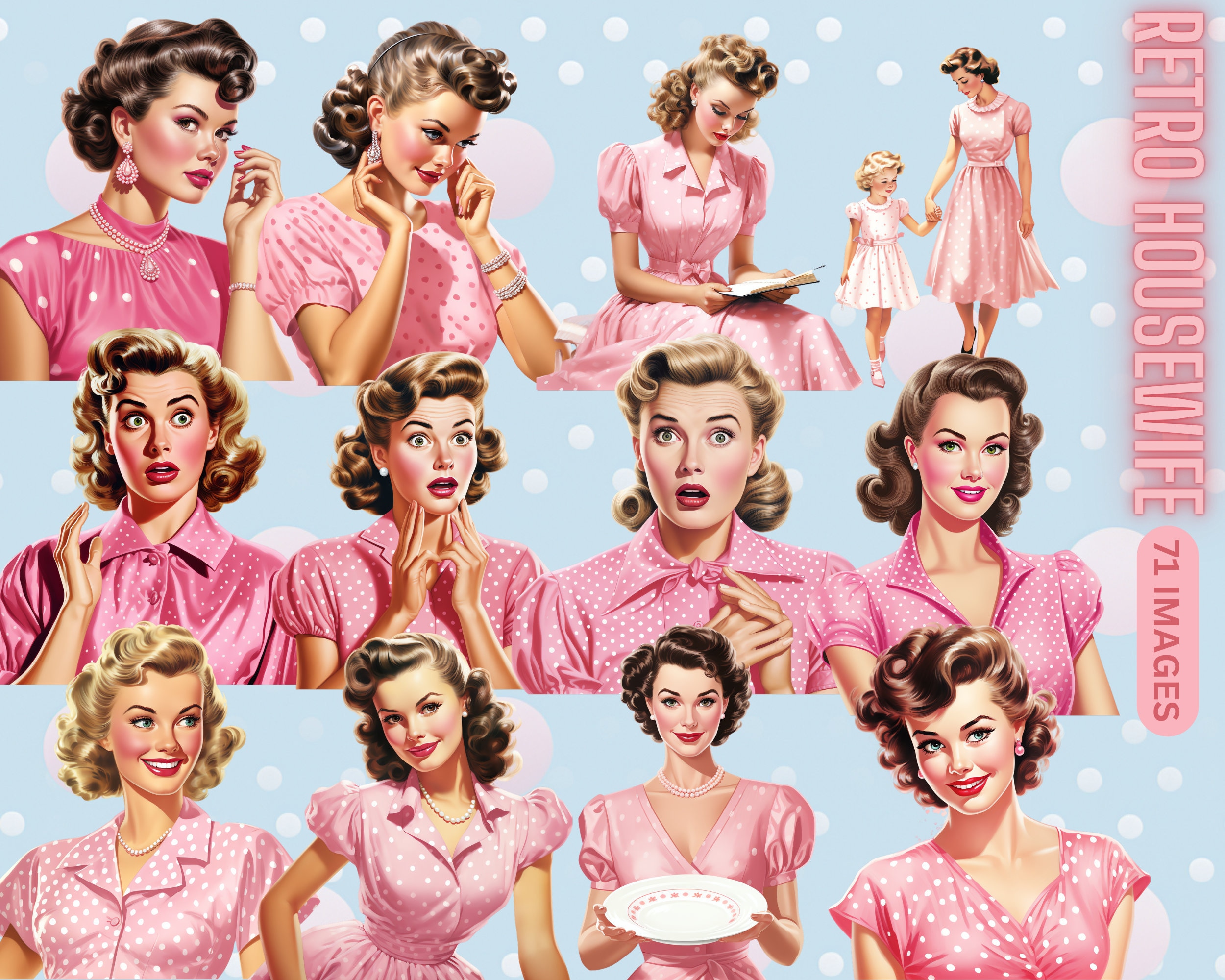 Retro Housewife Clipart Bundle: 50s Pink Polka Dot Dress (PNG, Digital ...