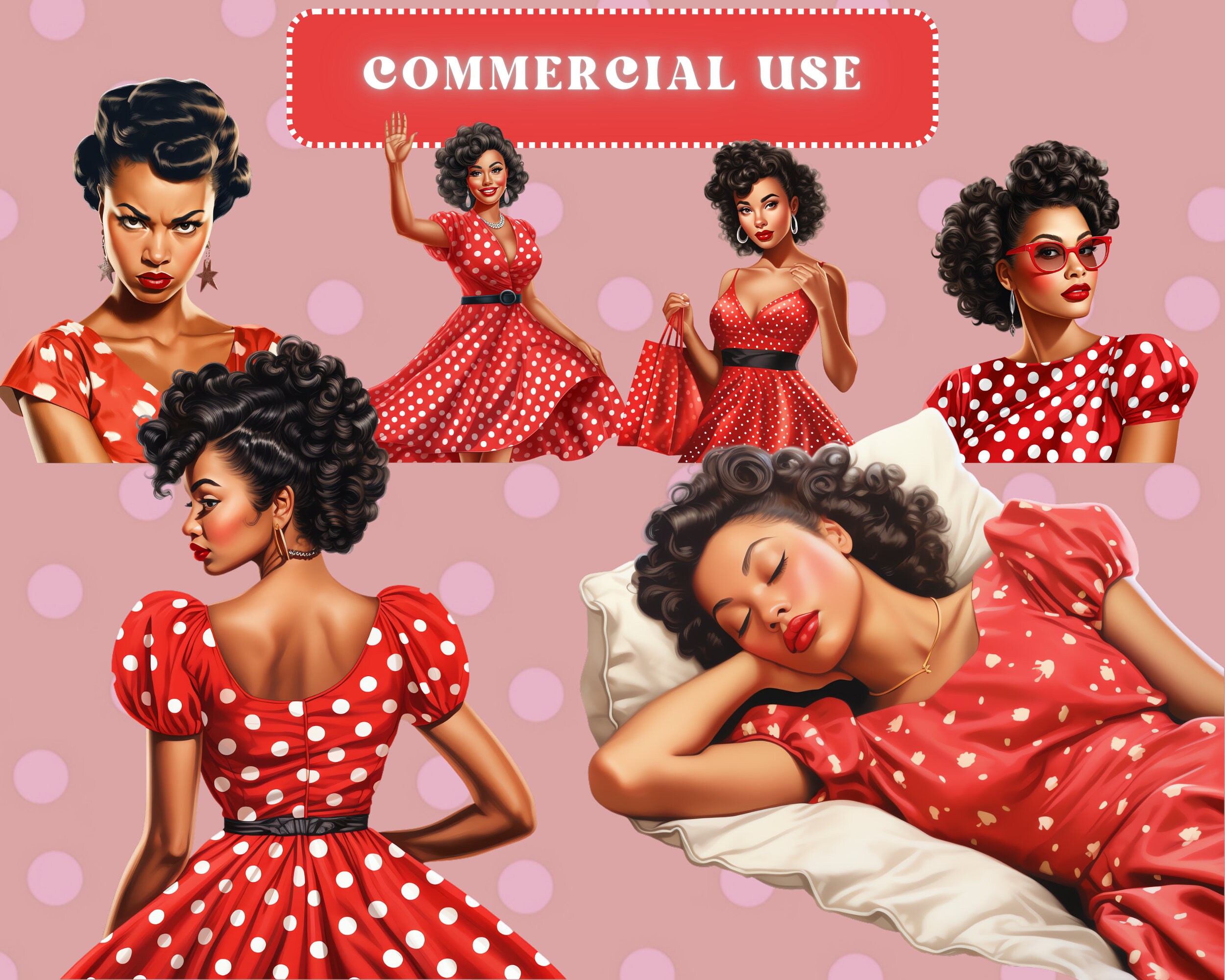Retro Red Women Clipart: 89 Vintage Pin-up Illustrations (PNG Bundle ...