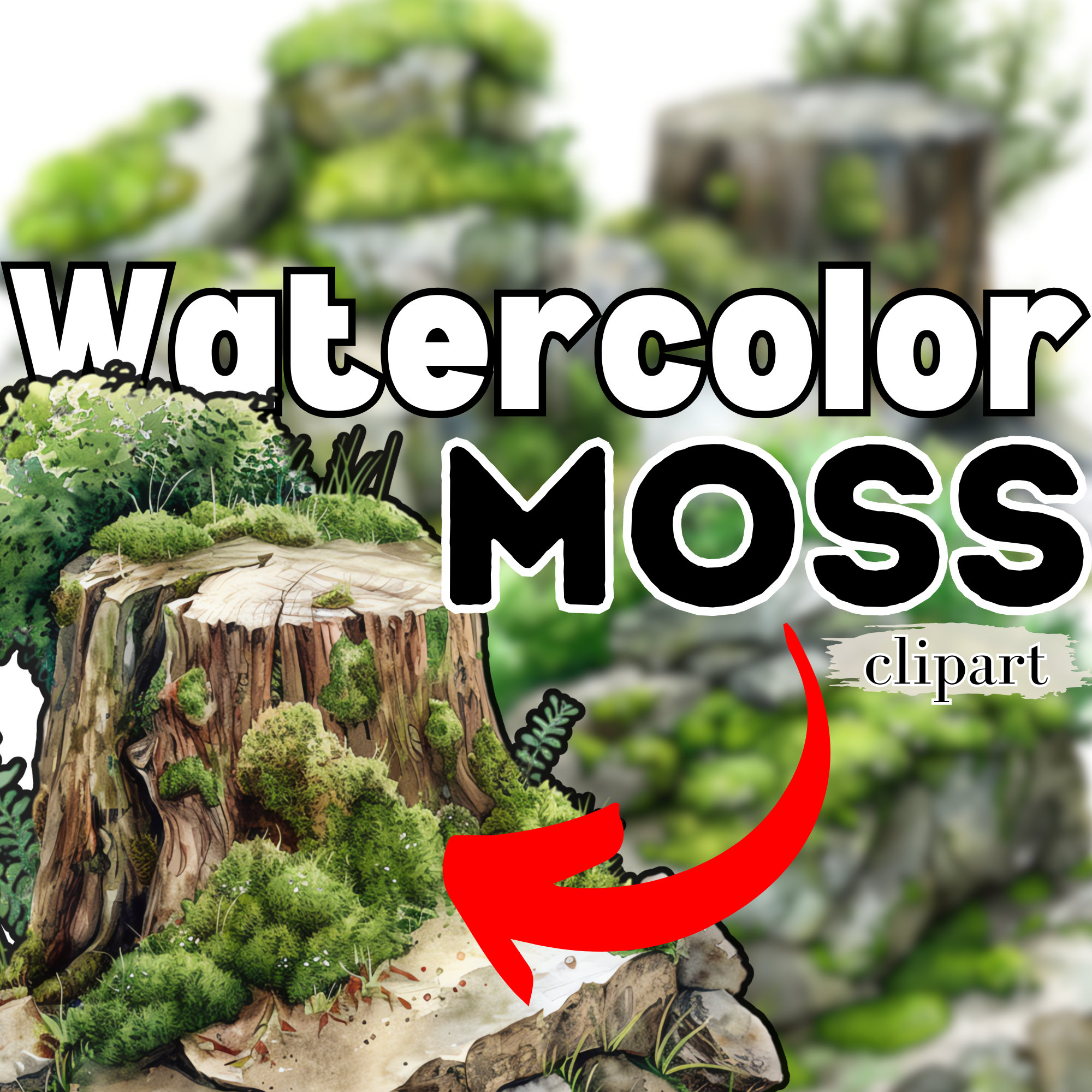 Watercolor Moss Clipart Set - Botanical Rocks, Forest Stumps PNG ...