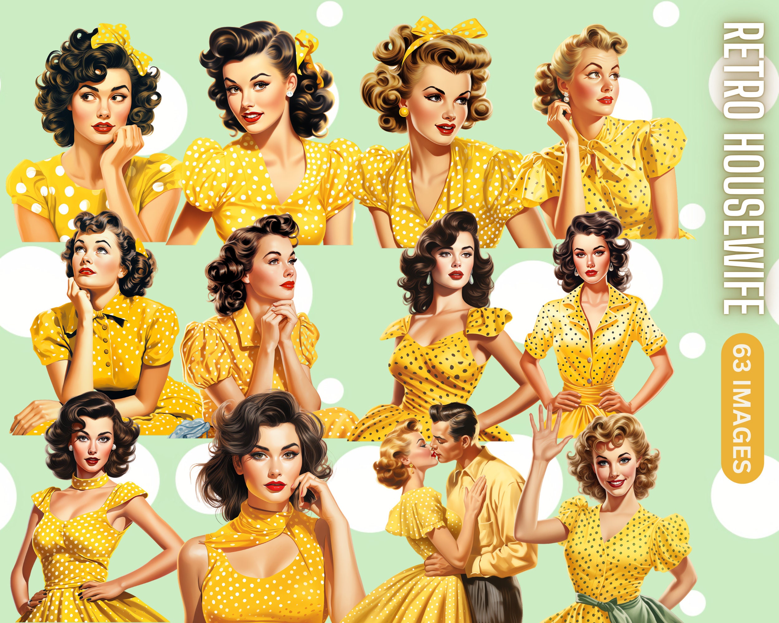 Retro Housewife Clipart Bundle 50s Vintage Wife Clip Art Yellow Red