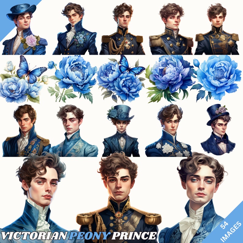Victorian Prince Clipart: Watercolor Peonies, Scrapbooking Pngs (54 ...