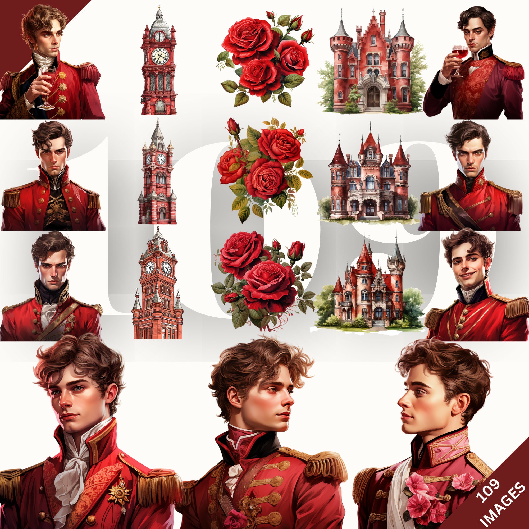 Big Victorian Red Rose Watercolor Clipart Bundle Vintage Prince Clip ...