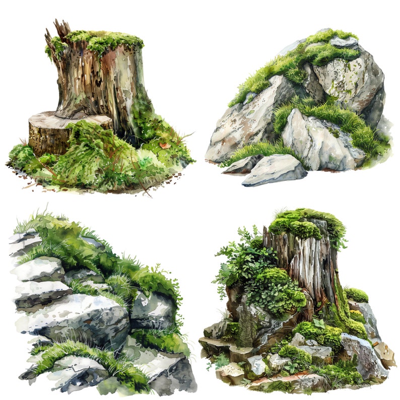 Watercolor Moss Clipart Set Botanical Rocks, Forest Stumps PNG Instant ...