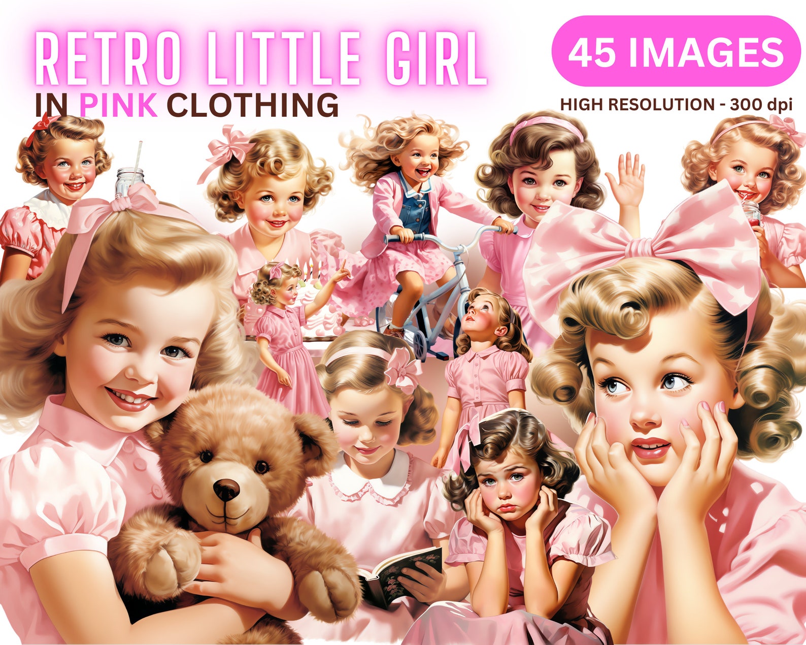 Retro Little Girl Clipart Vintage Little Girl Clip Art, 1950s Fashion ...