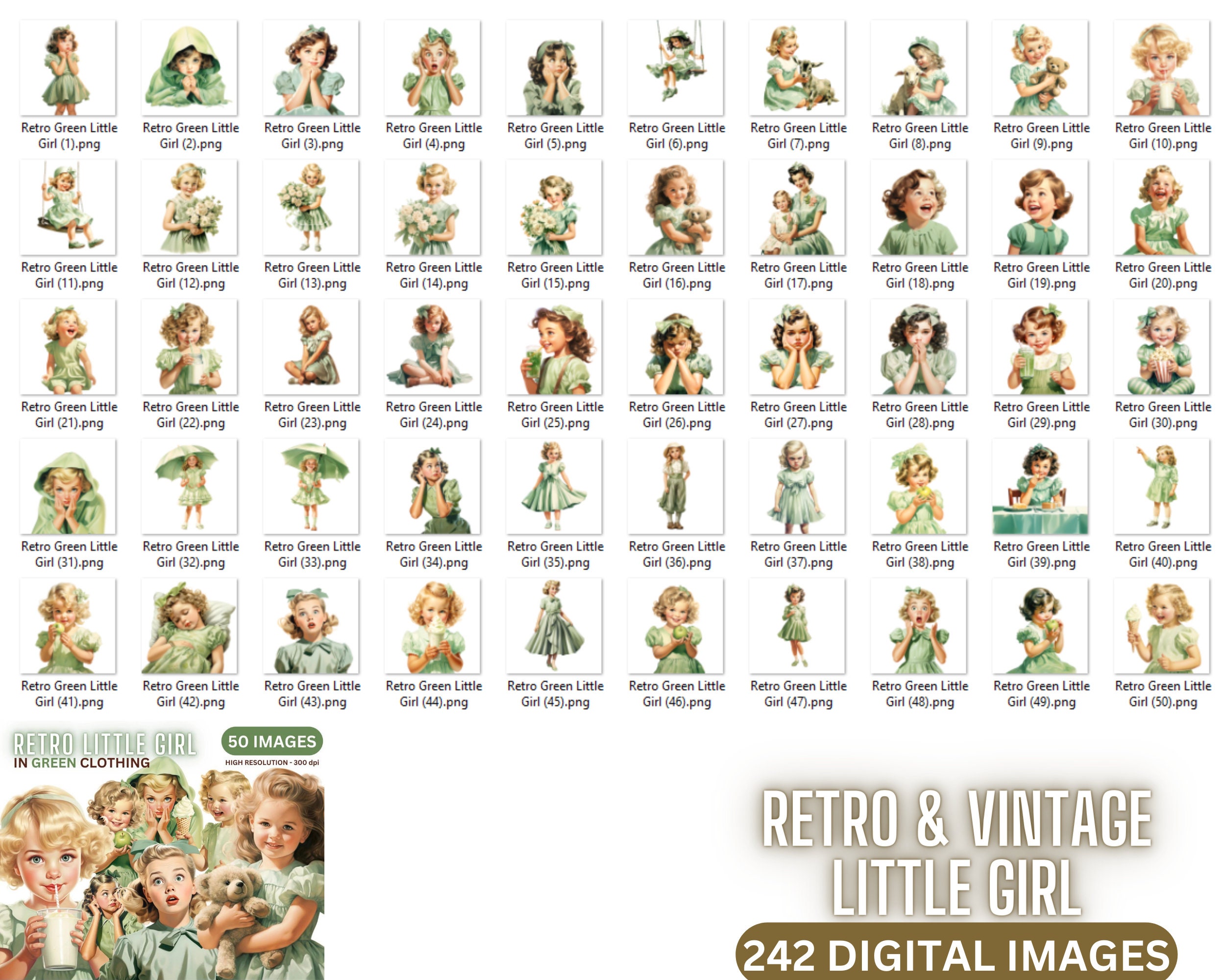 Retro Little Girl Clipart Bundle Vintage 1950s Clip Art, Old School Era ...