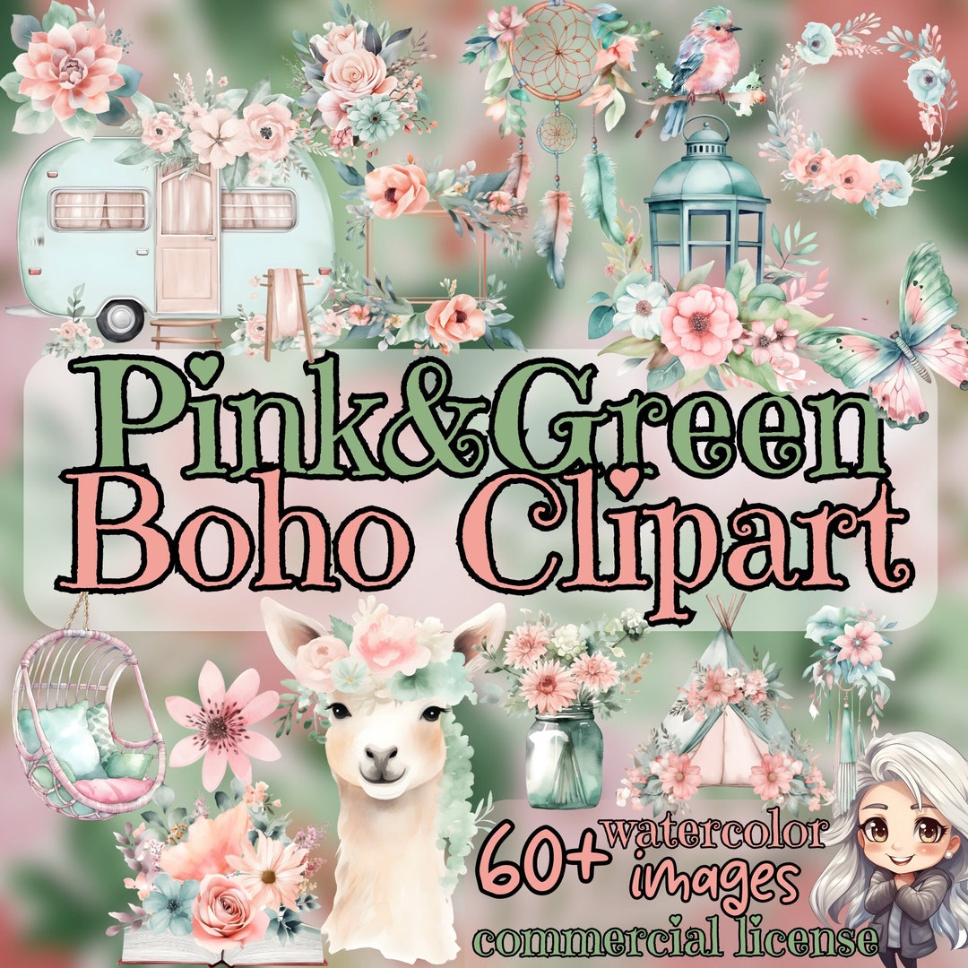 Watercolor Clipart Green and Pink Boho Bundle Set Shabby Floral Wedding ...