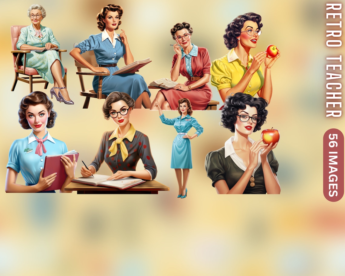 Retro Teacher Clipart 50s Vintage Old School Clip Art, Wwii, Teacher ...