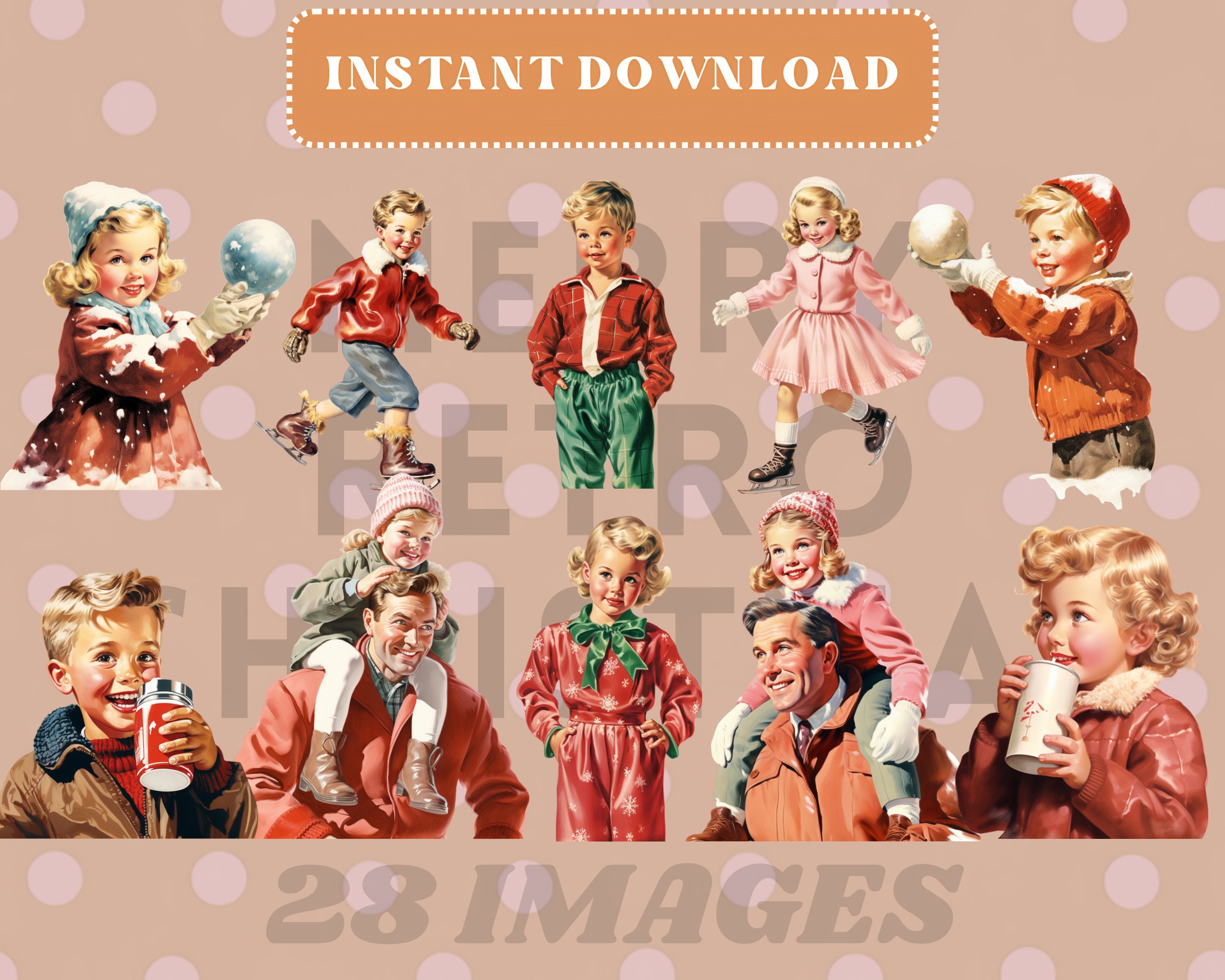 Retro Christmas Clipart Vintage Xmas Clip Art, 1950s Merry Christmas ...