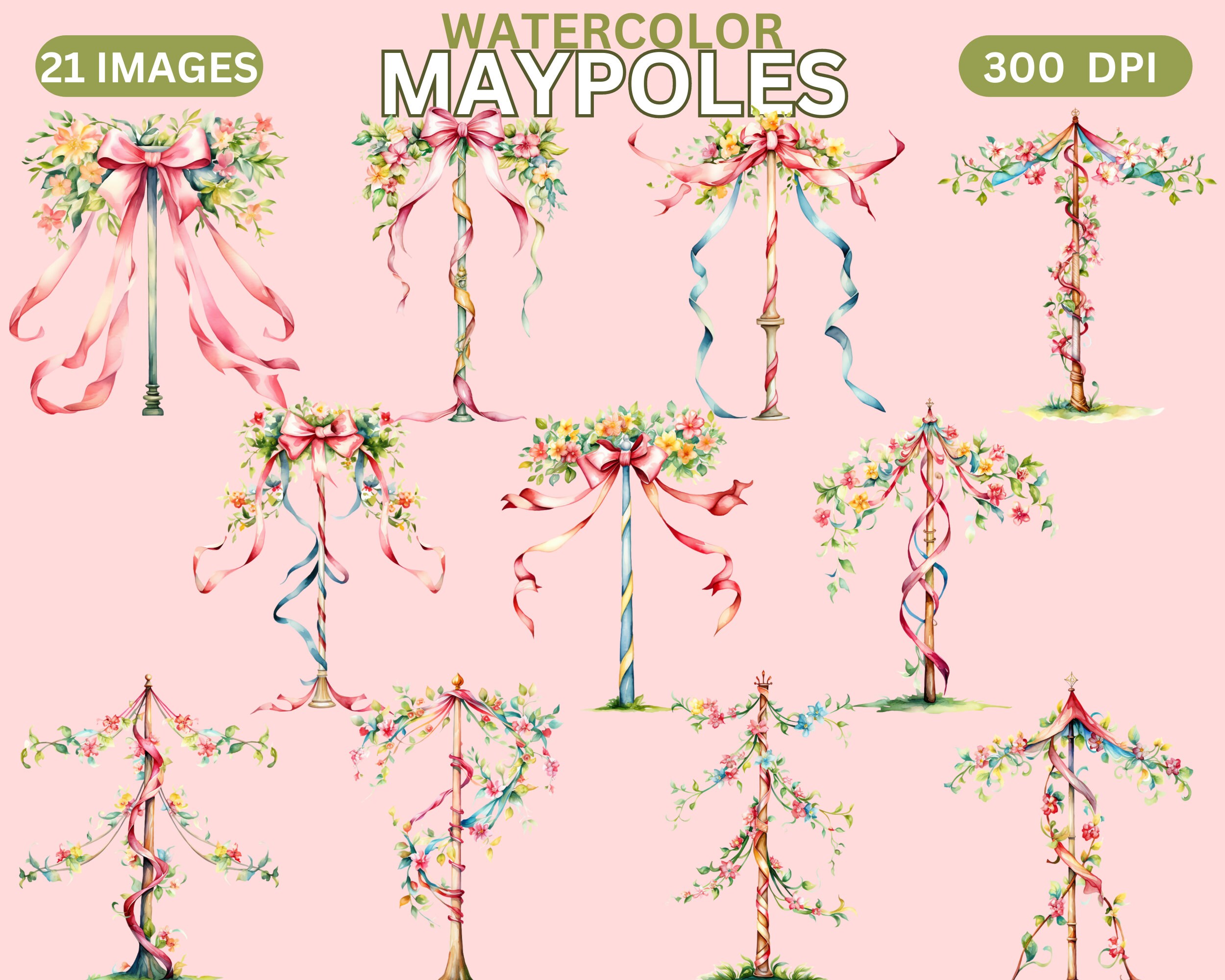 Watercolor Maypole Clipart Floral Midsummer Floral Pagan and Christian ...