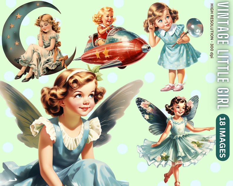 Vintage Little Girl Clipart Set: Retro 1950s Illustrations (18 PNG ...