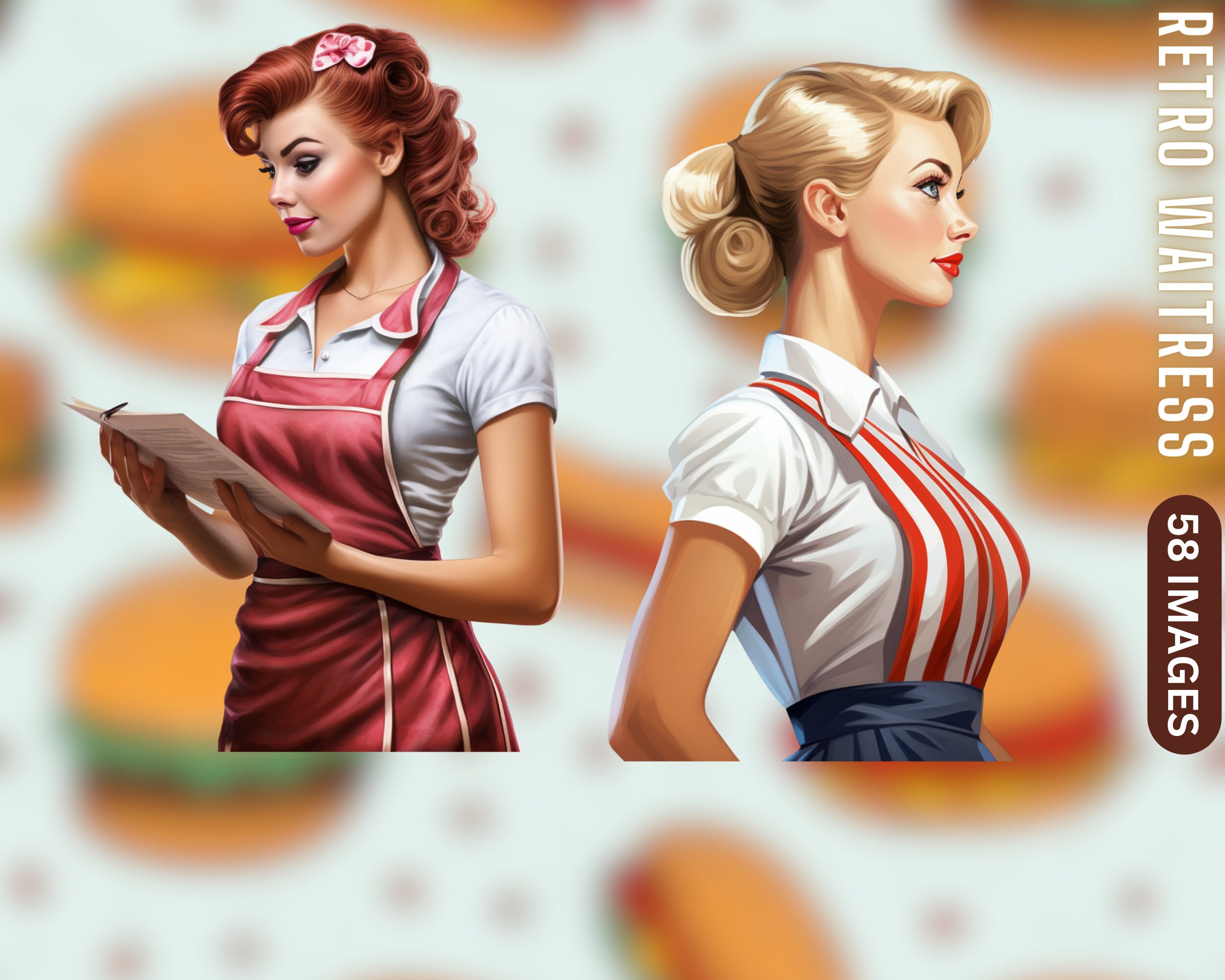 Retro Waitress Clipart: 50s Diner Pngs, Vintage Food Server Art ...