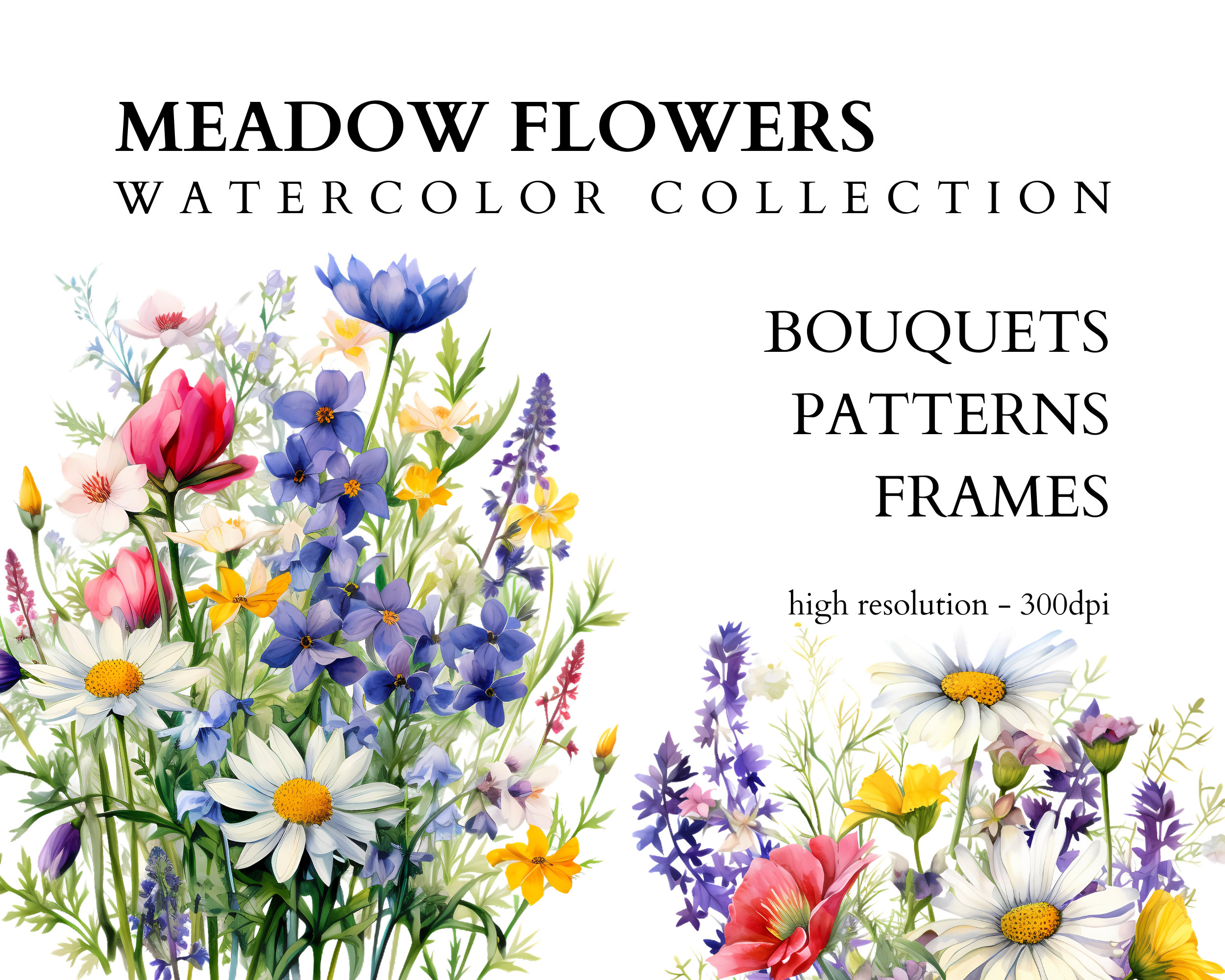 Watercolor Meadow Floral Clipart: Bouquets, Borders, Frames (PNG ...