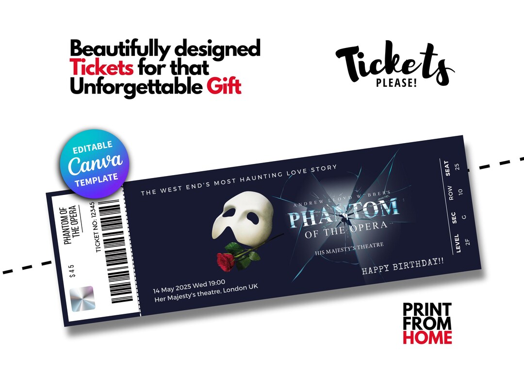 Printable Phantom of the Opera Tickets Editable Canva Template Hauntingly Elegant Tickets Event ...