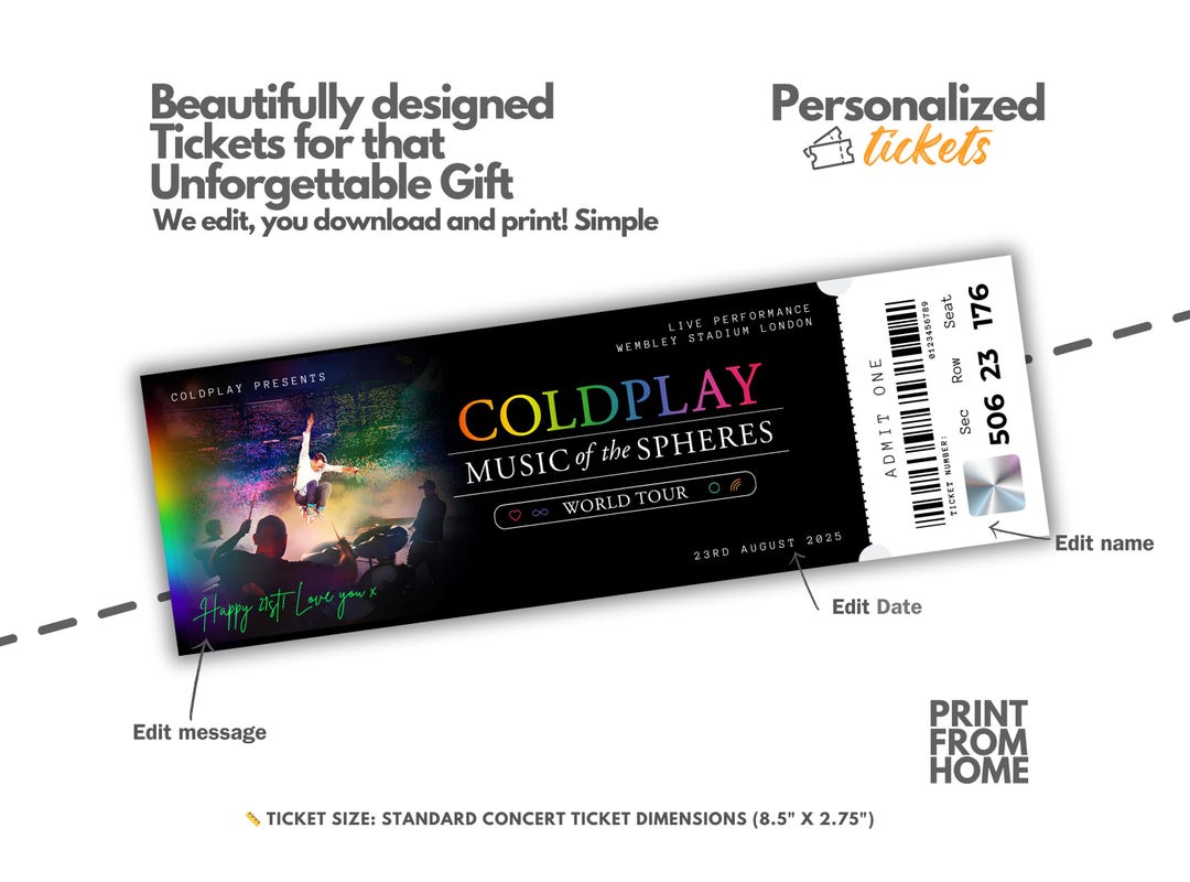 Personalized Coldplay Concert Ticket Keepsake Custom Digital Download ...