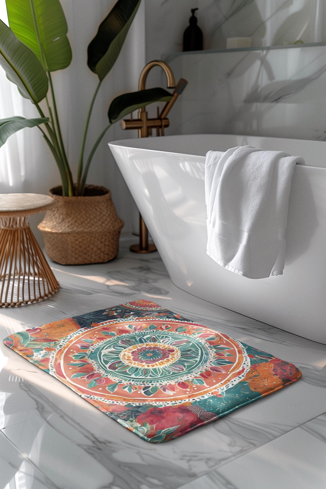 Boho Mandala Floral Bath Mat Teal, Coral, Orange Bohemian Watercolor ...