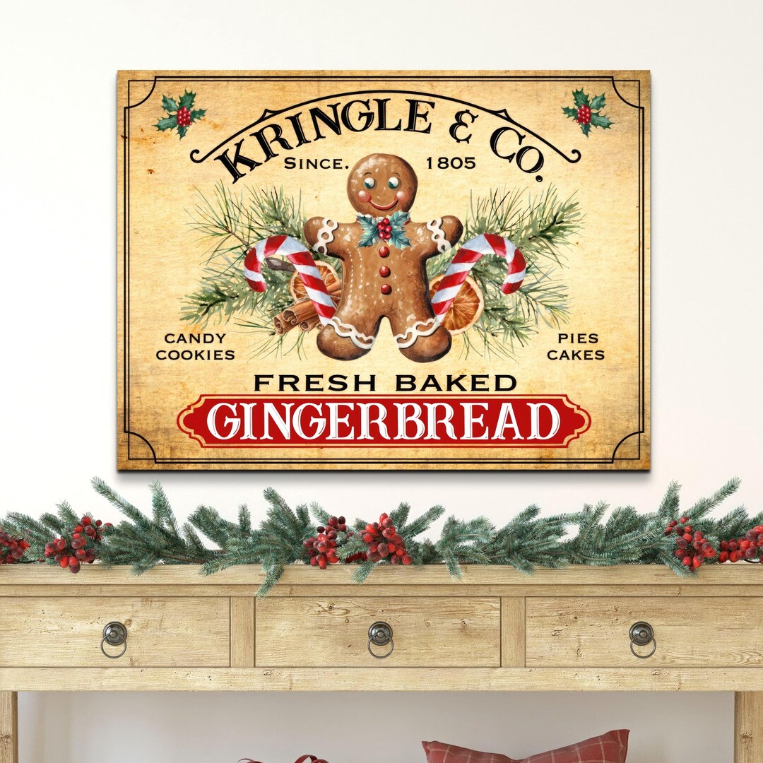 Vintage Gingerbread Kringle Co Sign, Christmas Bakery Wall Art, Rustic ...