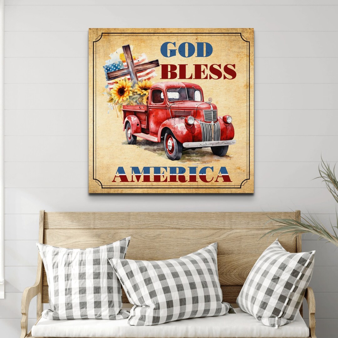 Vintage God Bless America Sign, Farmhouse Decor, USA Wall Art, Veteran ...