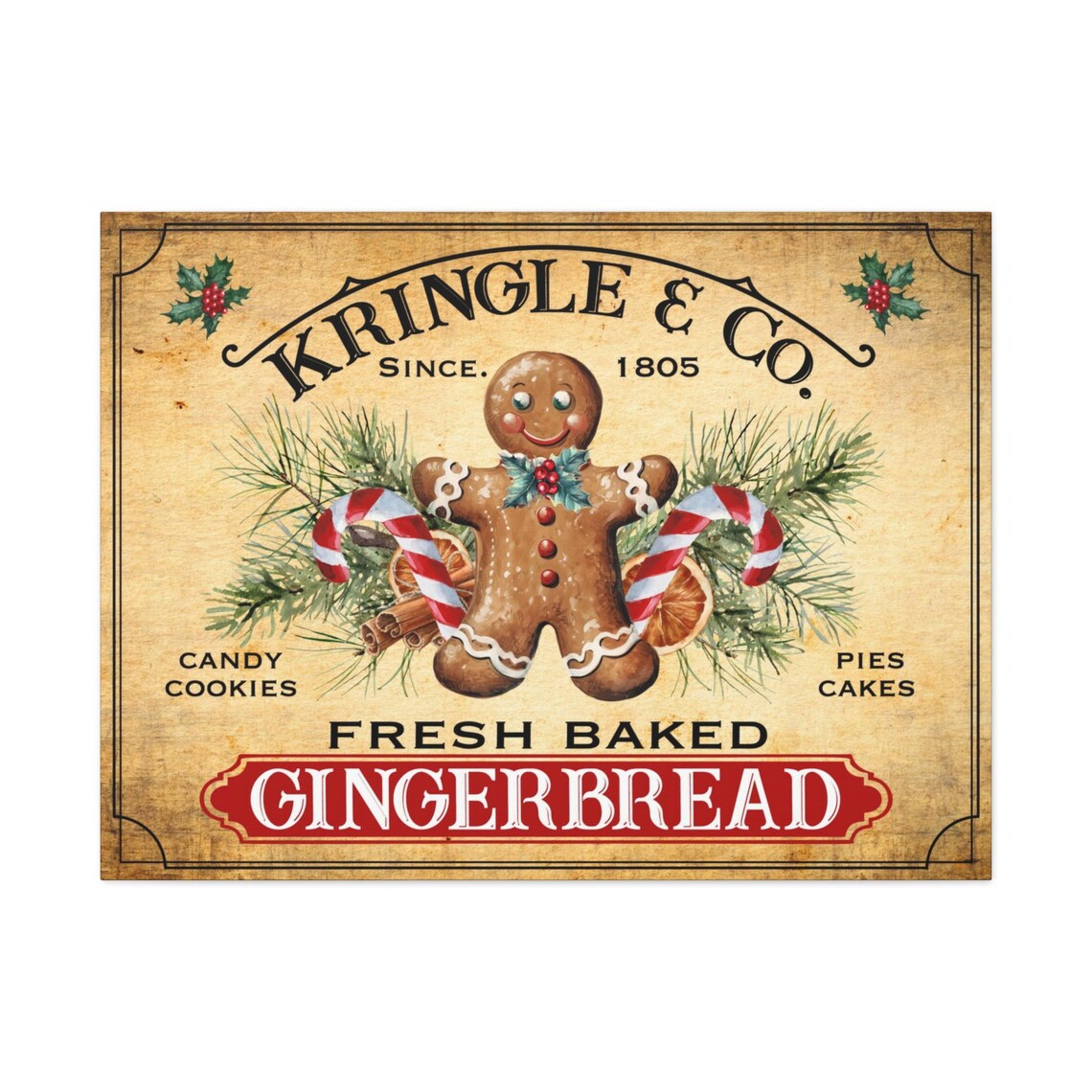 Vintage Gingerbread Kringle Co Sign, Christmas Bakery Wall Art, Rustic ...