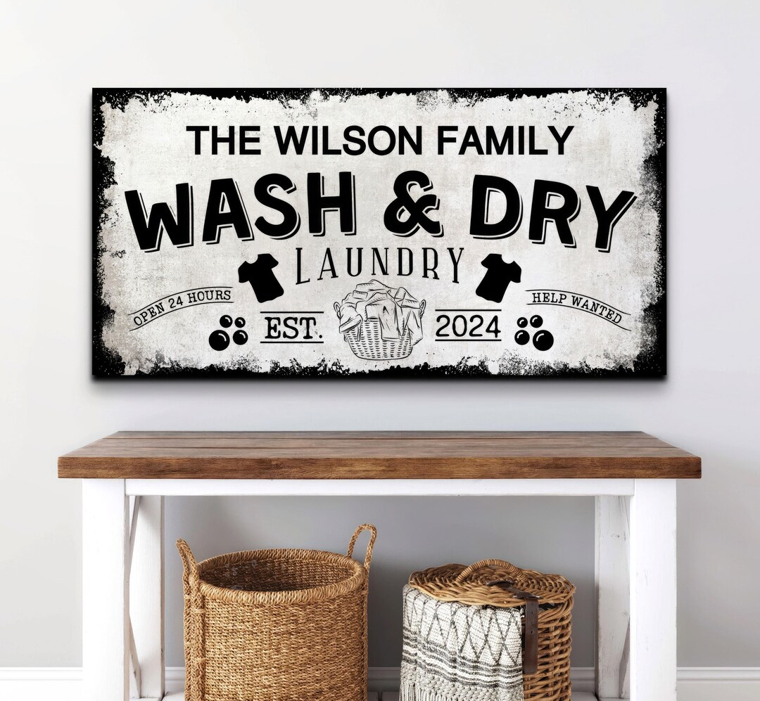 Wash & Dry Laundry Room Sign, Personalized Laundry Wall Art, Modern ...