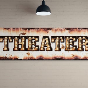 Theater Sign, Rustic Cinema Decor, Movie Room Wall Art, Vintage Artwork ...