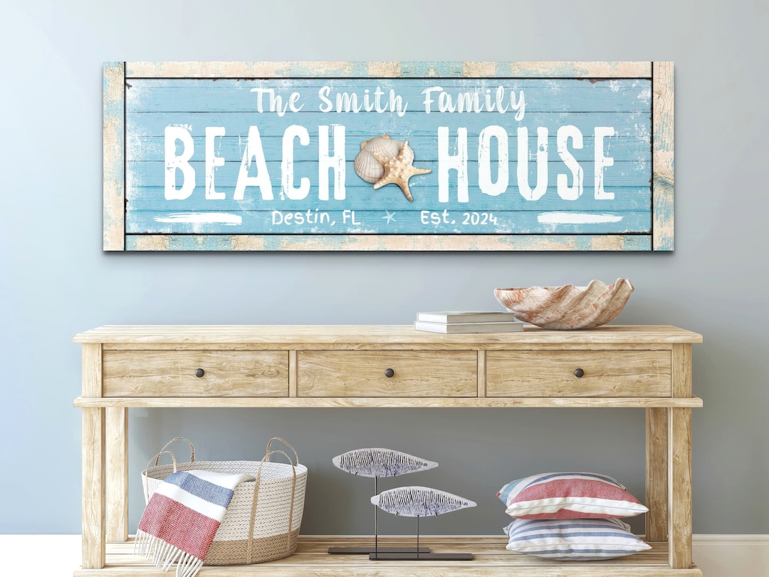Beach House Sign, Personalized Beach Wall Art, Seashell Artwork ...